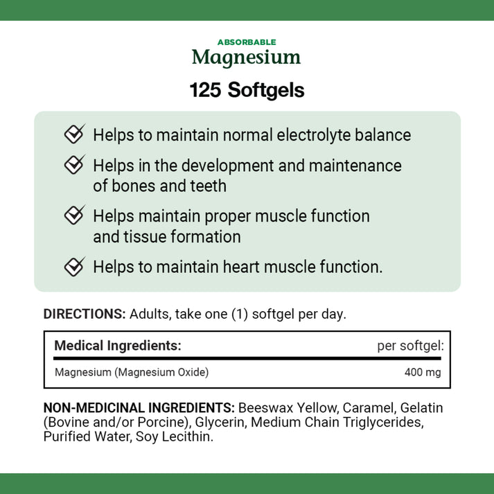 Magnesium, Absorbable, 400 mg, 125 Softgels – Nature's Bounty